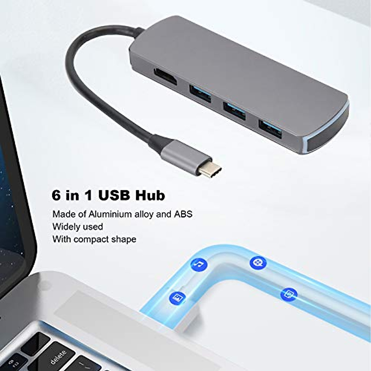 UBS Hub Extension, 6 in 1 USB3.0 Adapter Type C Multi‑Port USB C Expander Dock, to HDMI 4K Adapter Cable for Chrome Operating System/Windows7/8/10/XP/Linus/Vista