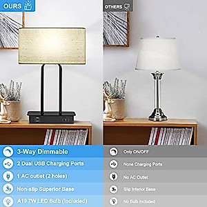Bedside Touch Control Table Lamp with Dual USB Charging Ports 1 AC Outlet, 3 Way Dimmable Modern Nightstand Lamp with Cream Fabric Shade, Desk Lamp for Bedroom Living Room Office with 5000K LED Bulb