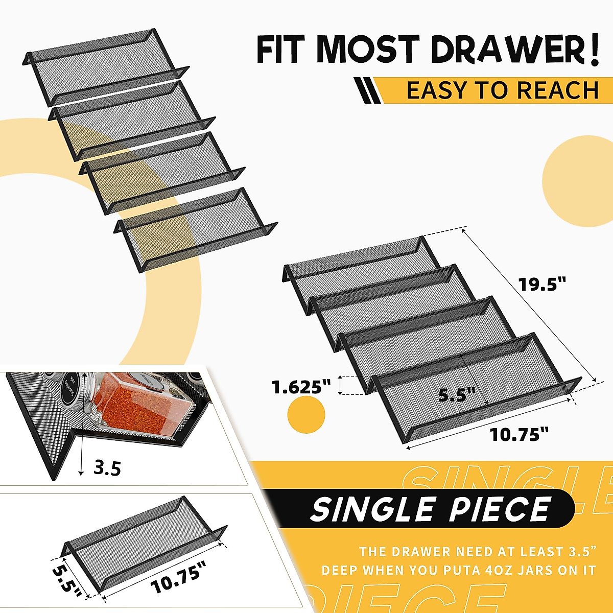 Simple Trending Spice Drawer Organizer,8 Piece Metal Mesh Expandable from 10.75" to 21.5" Insert,Hold up 48 Spice Jars Kitchen Countertop Rack Tray，for Drawer/Countertop (Jars not included)