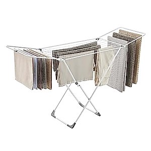 SONGMICS Clothes Drying Rack, Metal Laundry Drying Rack, Foldable, Space-Saving, Free-Standing Airer, with Gullwings, Indoor Outdoor Use, Bed Linen Clothing, White ULLR540W01