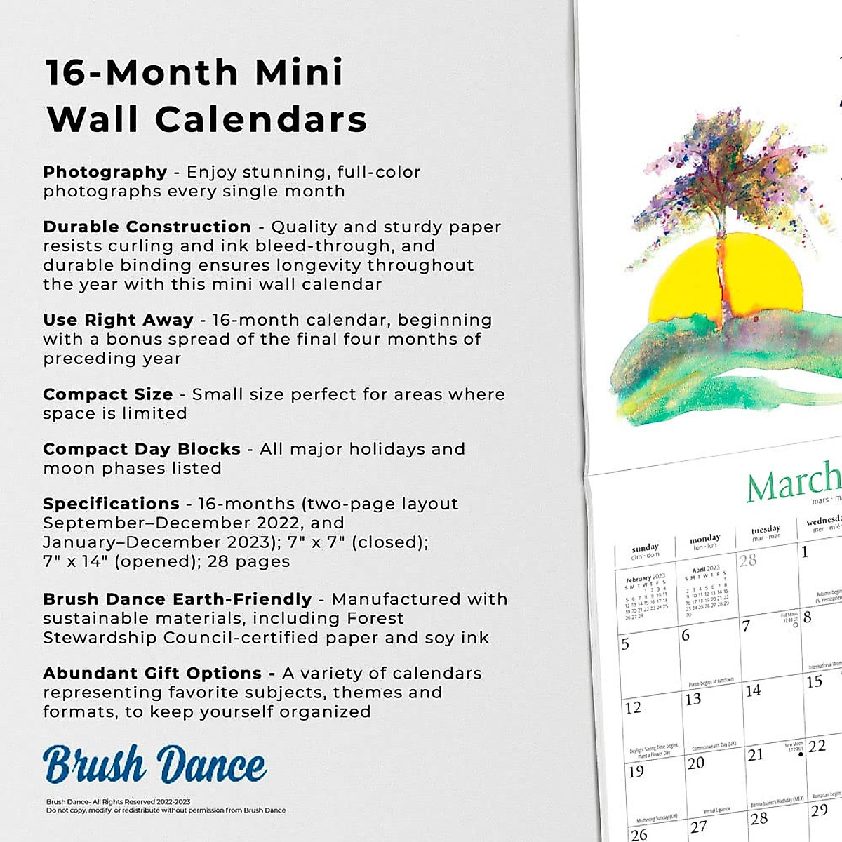 Live with Intention | 2023 7 x 14 Inch Monthly Mini Wall Calendar | Brush Dance | Art Paintings Inspiration Motivation