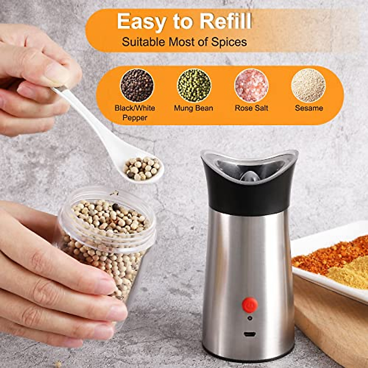 Electric Salt and Pepper Grinder Mill Rechargeable: - USB Automatic Gravity Peppermills Set, Adjustable Grind Coarseness Refillable Auto Peppercorn Shaker, Rechargable Battery Operated