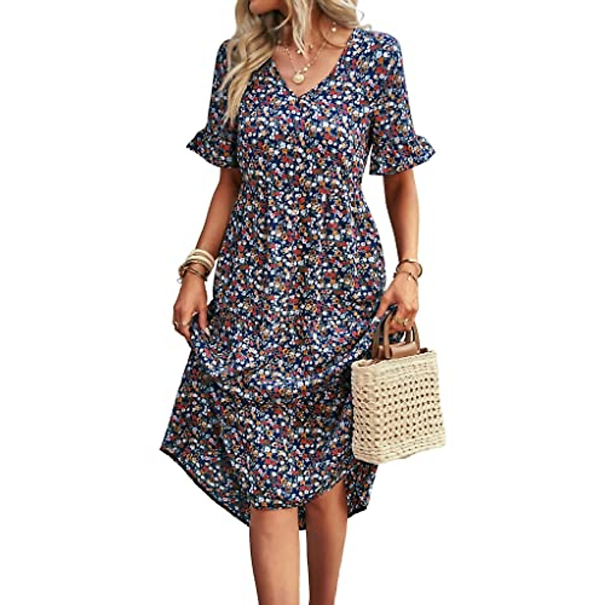 Vaiaye Women Short Sleeve Floral Boho Dress Summer Sundress Casual Wrap V Neck A-Line Bohemian Maxi Dresses Royal Blue
