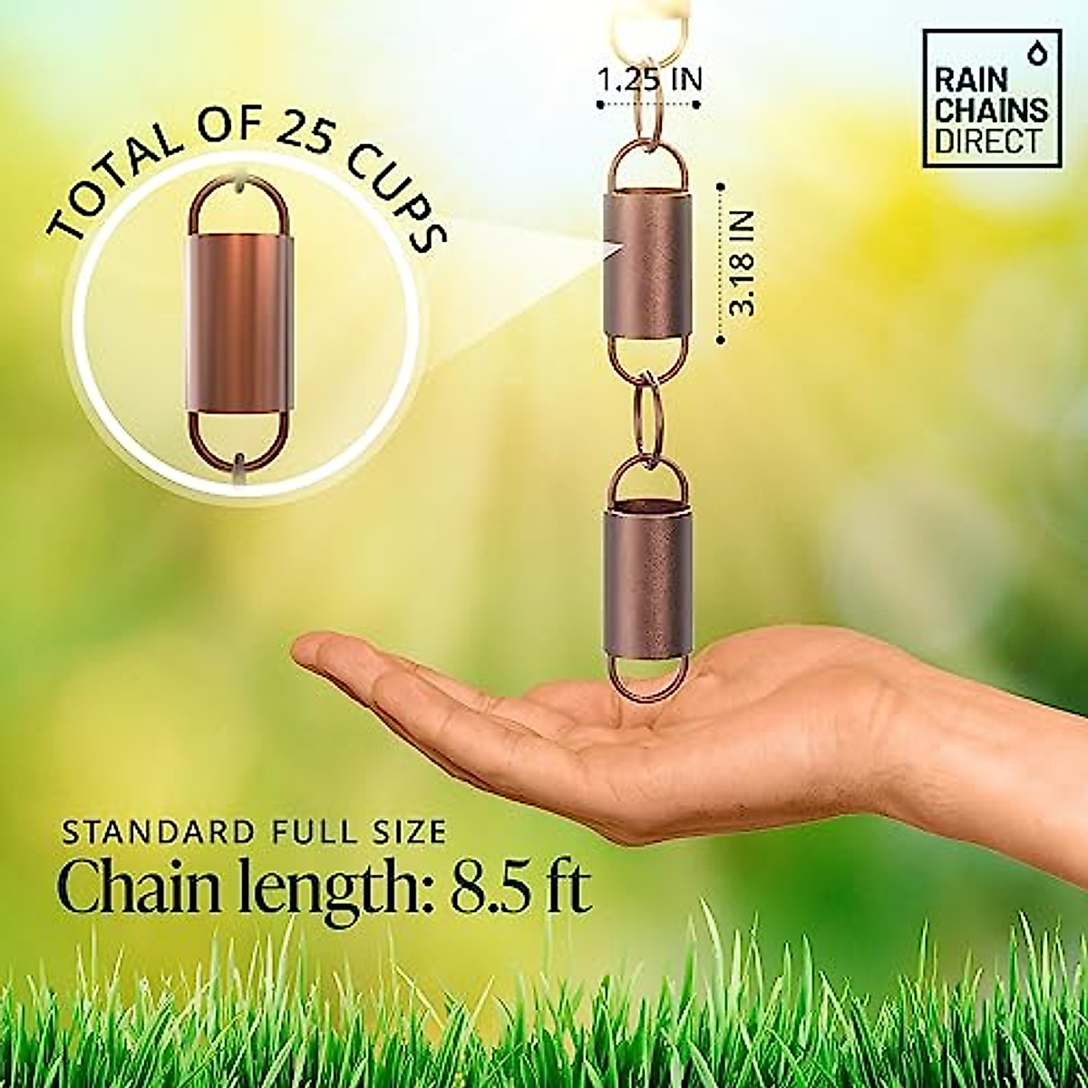 Rain Chains Direct - Channel Link Rain Chain - 8.5 FT - Pure Solid Copper - Premium Rain Chains for Gutters