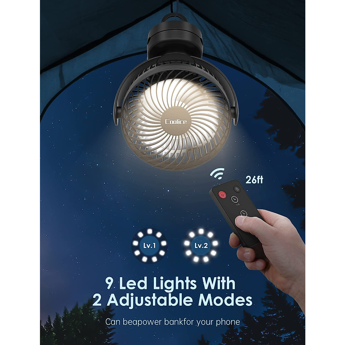 Camping Fan with Remote Control - 65Hrs 12000mAh Rechargeable Fan, 3 Speeds & Timing Battery Powered Fan with Light & Hook, Camp Fan for Tent, Battery Operated Fan for Camping, Black