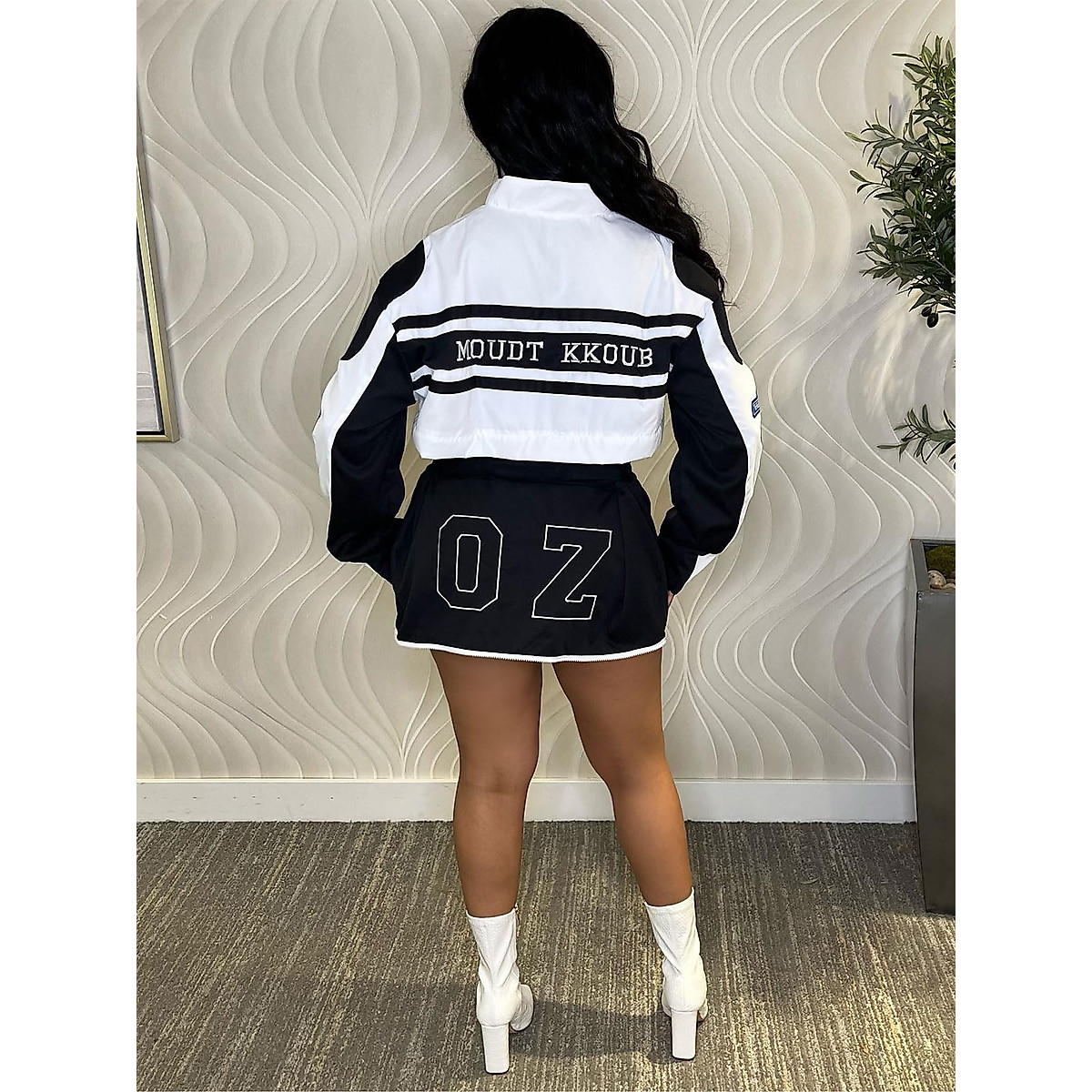 Angsuttc Bomber Jacket Motorcycle Detachable Letter Graphic Racer Jackets Color Contrast Varsity Coats Skirt Set Black XL