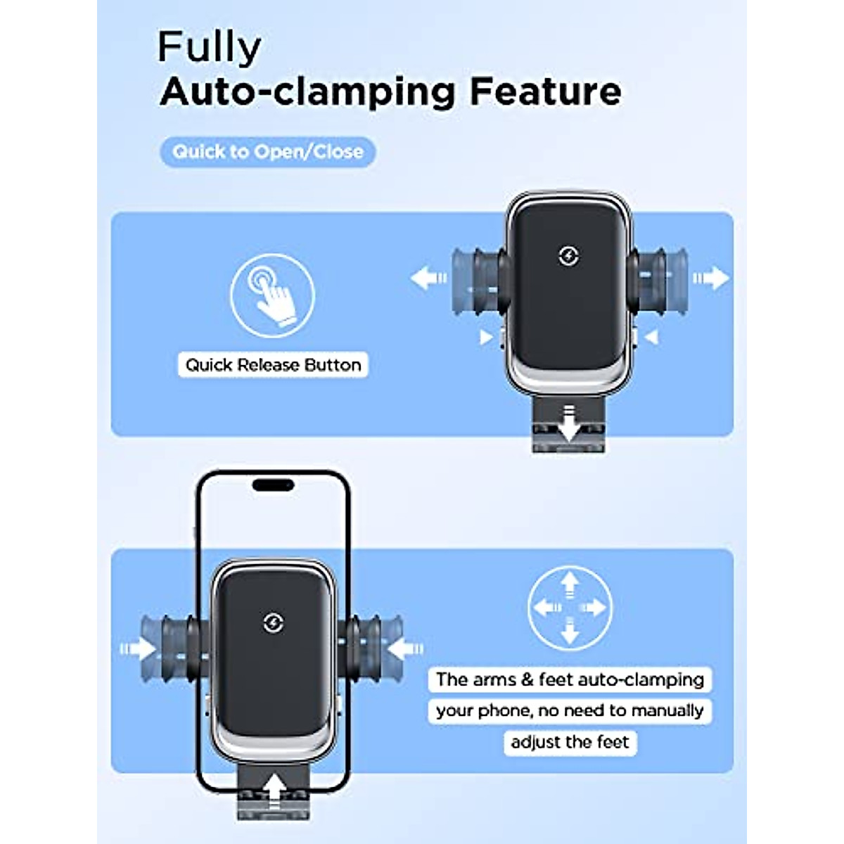 Wireless Car Charger Mount, 15W Full Auto-Clamping Fast Charging Air Vent Dash Windshield Phone Car Holder for iPhone 14 Pro/13 Pro/ 12/11/Xr/8, Samsung S23/S22/S21/Note 20(with QC 3.0 Car Charger)