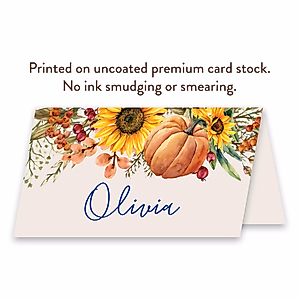 Koko Paper Co Thanksgiving Place Cards with Pumpkin and Sunflowers (50 Count) | 50 Tent Style Dinner Setting Name Cards | Designed and Made in the U.S.A.