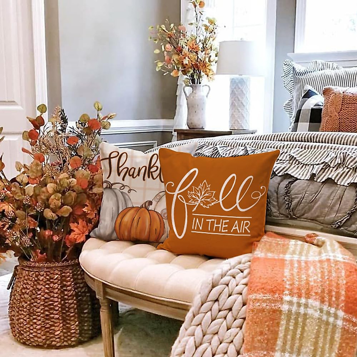 DFXSZ Fall Pillow Covers 18x18 inch Set of 4 Buffalo Plaid Fall Pumpkin Outdoor Throw Pillow Cover Autumn Thanksgiving Decoration for Home Couch Bed