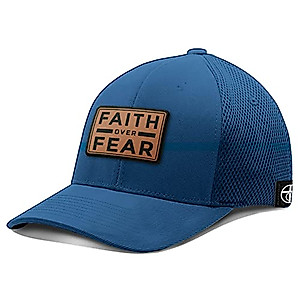 Our True God Faith Over Fear Leather Patch Flexfit Hat - Baseball Cap Men Breathable Flex Fit Ultrafibre Airmesh Fitted Cap (Royal Blue, Small-Medium, m)