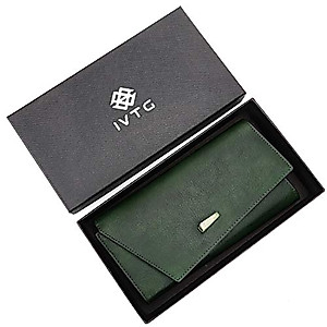 Genuine Leather Wallet RFID Blocking Women Long Purse Vintage Cowhide Handmade Card Holder Organizer (Green)