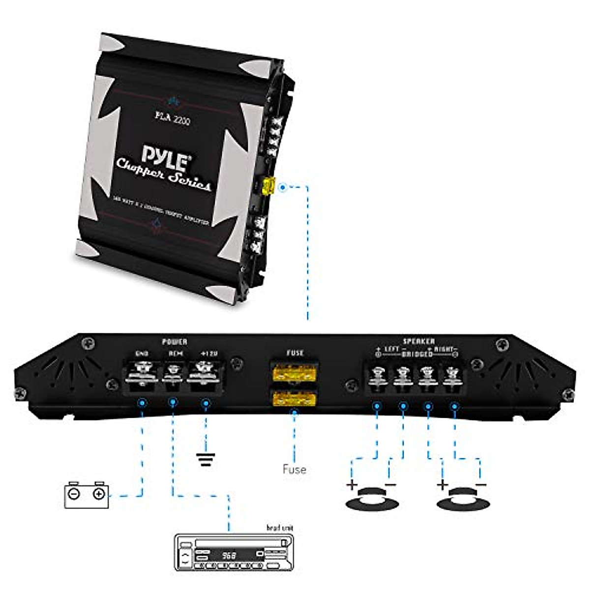 Pyle 2 Channel Car Stereo Amplifier - 1400W Dual Channel Bridgeable High Power MOSFET Audio Sound Auto Small Speaker Amp w/ Crossover, Bass Boost Control, Gold Plated RCA Input Output -PLA2200, Black