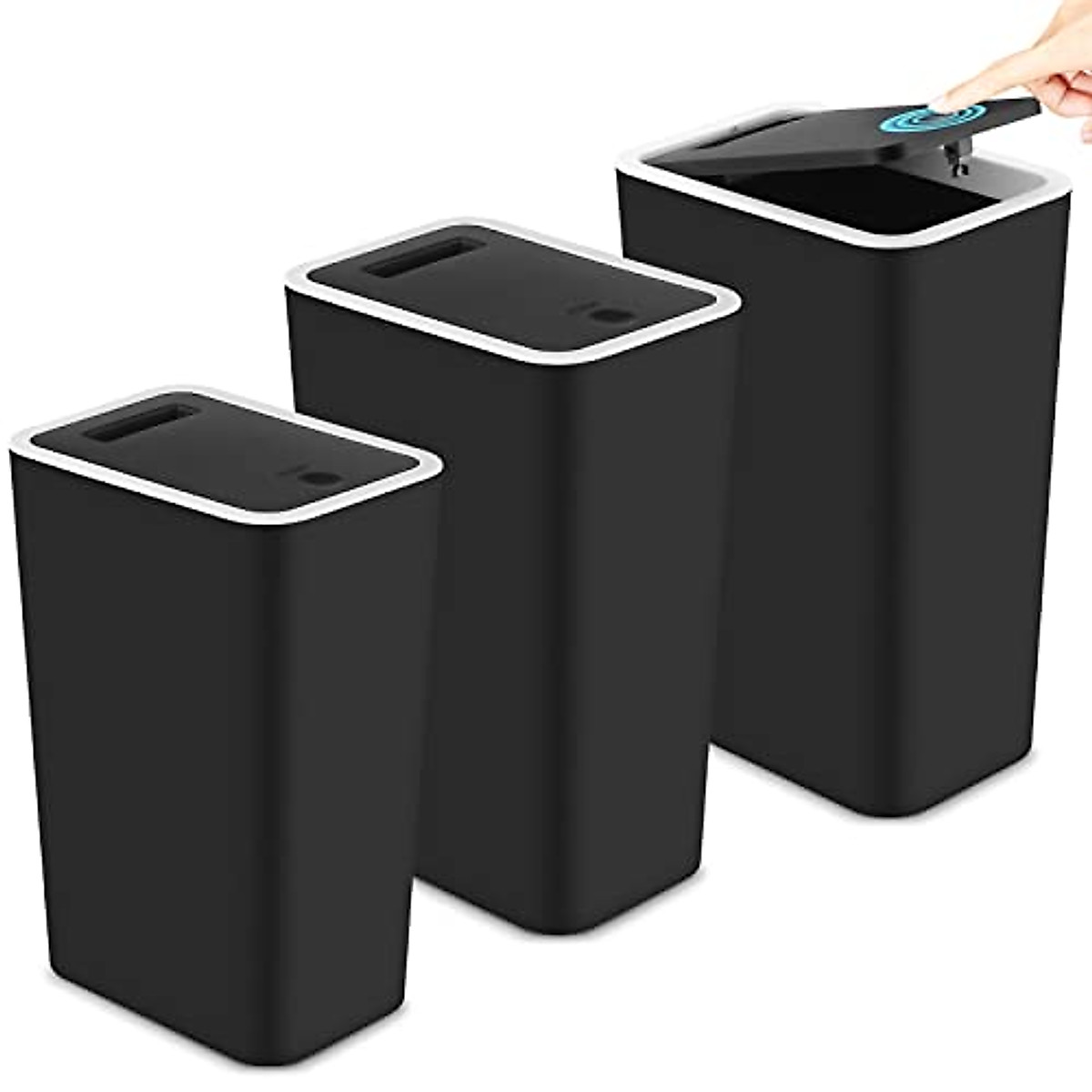 Bathroom Trash Cans with Lids - 3 Pack Kitchen Garbage Can 4 Gallons 2 PCS and 3 Gallons 1 PC with Pop Up Lid,Small Narrow Waste Basket for Bathroom Bedroom Living Room and Office(3 Pack,Black)