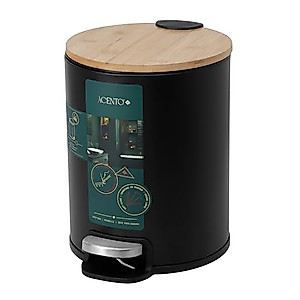 ACENTO Round Soft-Close Step On Bathroom Wastebin, 1.3 Gallon Trash Can with Premium Pedal and Bamboo lid (Matte Black and Natural Bamboo)