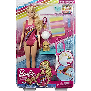 Barbie Dreamhouse Adventures Swim 'n Dive Doll, 11.5-Inch, in Swimwear, with Swimming Feature, Diving Board and Puppy, Gift for 3 to 7 Year Olds