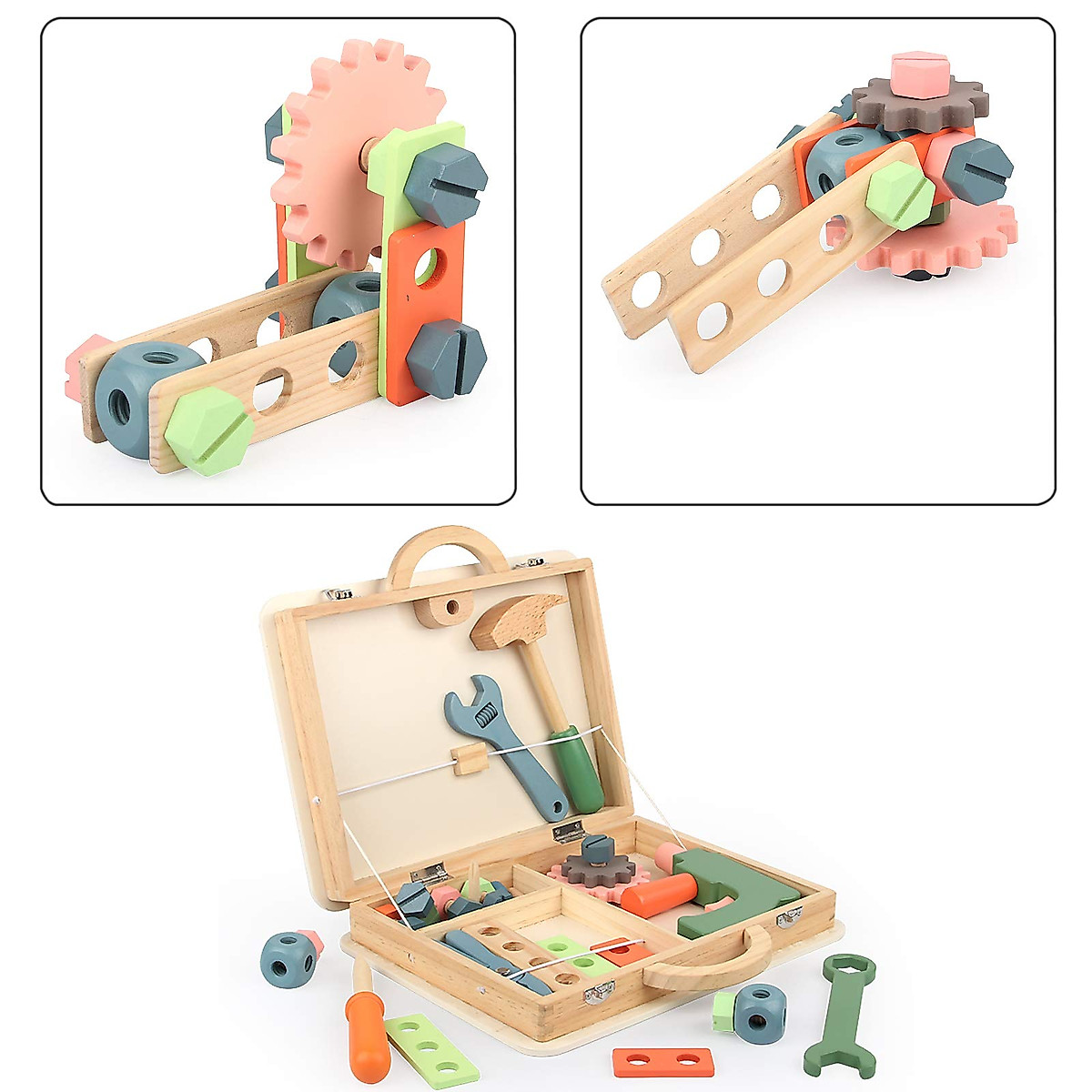 43 Pcs Wooden Tool Box Building Tools Sets Pretend Play Toys for Toddlers Construction Toy Role Play Set for 3 4 5 Year Olds Boys Girls