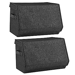i BKGOO Set of 2 Stackable storage bins,Linen Fabric Foldable Storage Organizer Cubes Box whits Lids and Own-Handle Storage Organizer Bins for Home Office Nursery Dark gray 15x10.5 x10inch