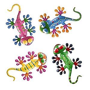 hogardeck Metal Gecko Outdoor Wall Decor, 4 Pack Lizard Wall Art Garden Sculptures & Statues with Shaking Head Outdoor Spring Decor for Front Yard Fence Patio