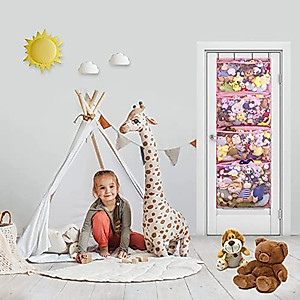 Stuffed Animal Storage, Over The Door Organizer Storage for Closet, Baby, Plush Toy, Stuffed Animal Holder with 4 Large Pockets, Hanging Door Organizer for Nursery, Bedroom, Bathroom, Kids Room (Pink)