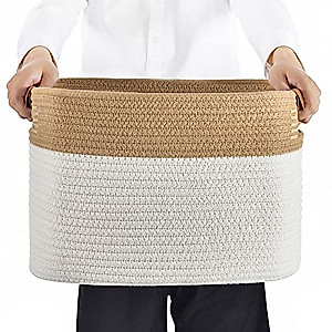 Cotton Rope Basket, Decorative Woven Basket With Leather Handles, Rectangle Storage Basket For Clothes, Toys, Makeup, Books, Towels, Sundries 15.3×10×9.4 inches(3-Pack, Brown&White)