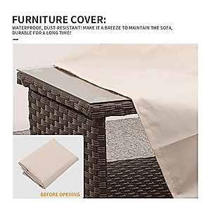 Outdoor Wicker Coffee Table Patio Furniture Garden Rattan 2-Layer Glass Table with Storage and Furniture Cover, Brown