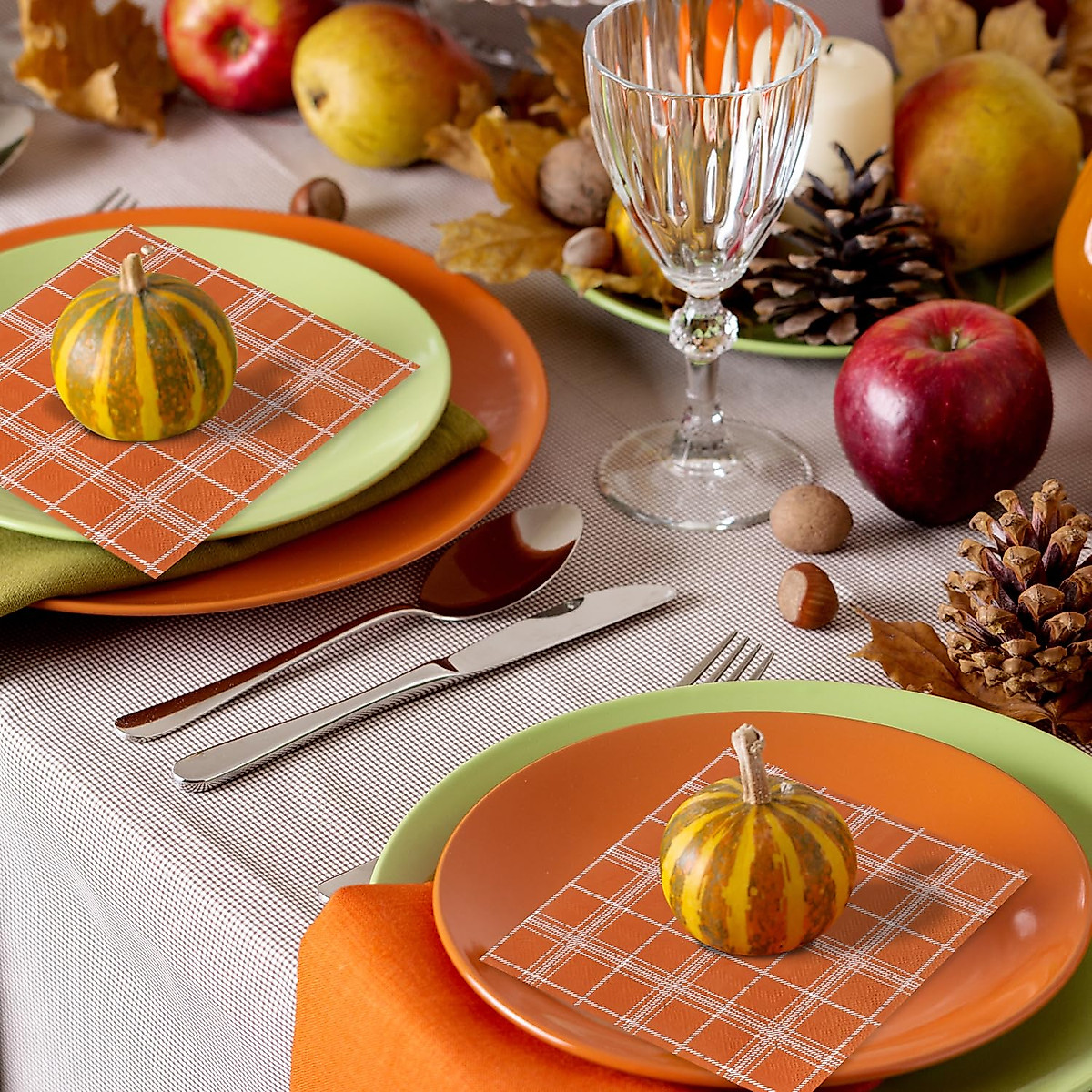 ​Quera 50 Pack Fall Buffalo Plaid Paper Napkins Orange Autumn Cocktail Napkins Tartan Check Scottish Square Disposable Bar Napkins for Thanksgiving Party, Baby Shower, Celebration Party