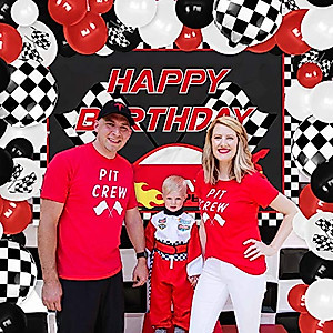 Vansolinne Race Car Birthday Decorations Party Supplies Passionate Red Racing Backdrop Banner and Balloon Garland Kit, 83pcs Race Car Checkered Flags Cross the Finish Line Background Photo Props