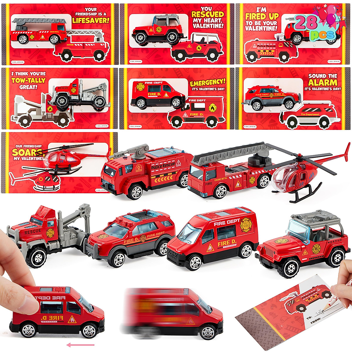 JOYIN 28 Packs Valentines Day Cards with DieCast Fire Rescue Vehicles Toys for Kids Valentine Party Favor, Classroom Exchange Prize and Gifts for Boys, Valentine’s Greeting Cards