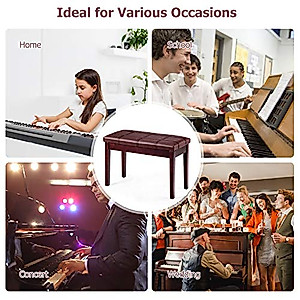 GOFLAME Piano Bench with Padded Cushion and Music Storage, Comfortable Double Duet Seat with PU Leather and Wooden Legs, Perfect for Professional or Home Use (Brown)