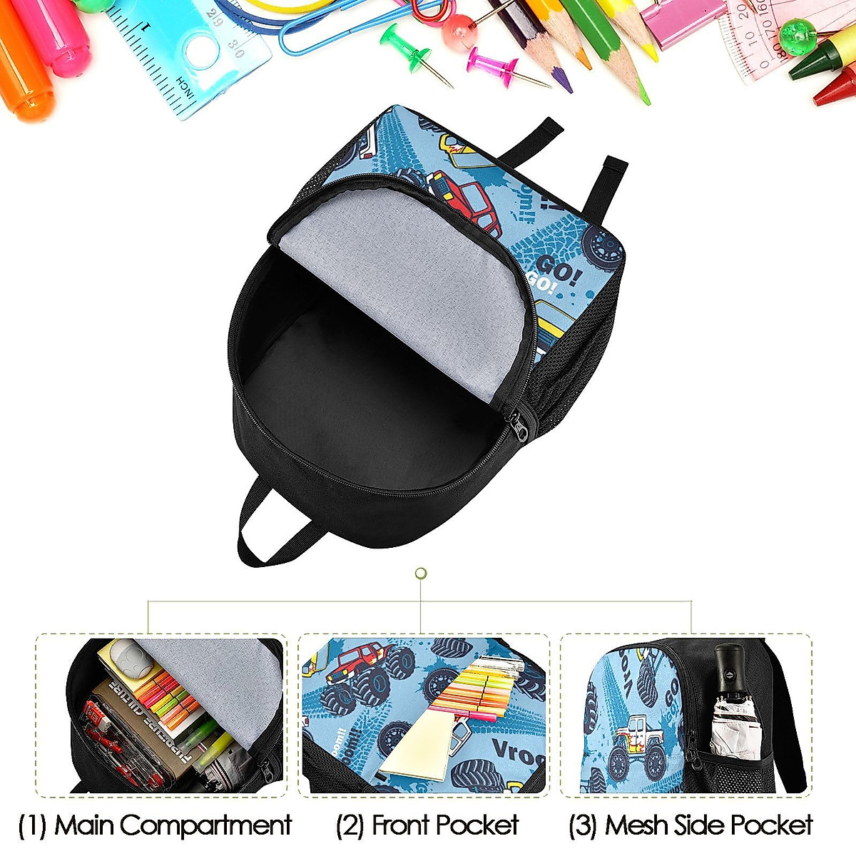 Naanle Kids Backpack for Girls Boys Monster Truck Cars Backpacks Bag Baby Rucksack for Kindergarten Elementary School