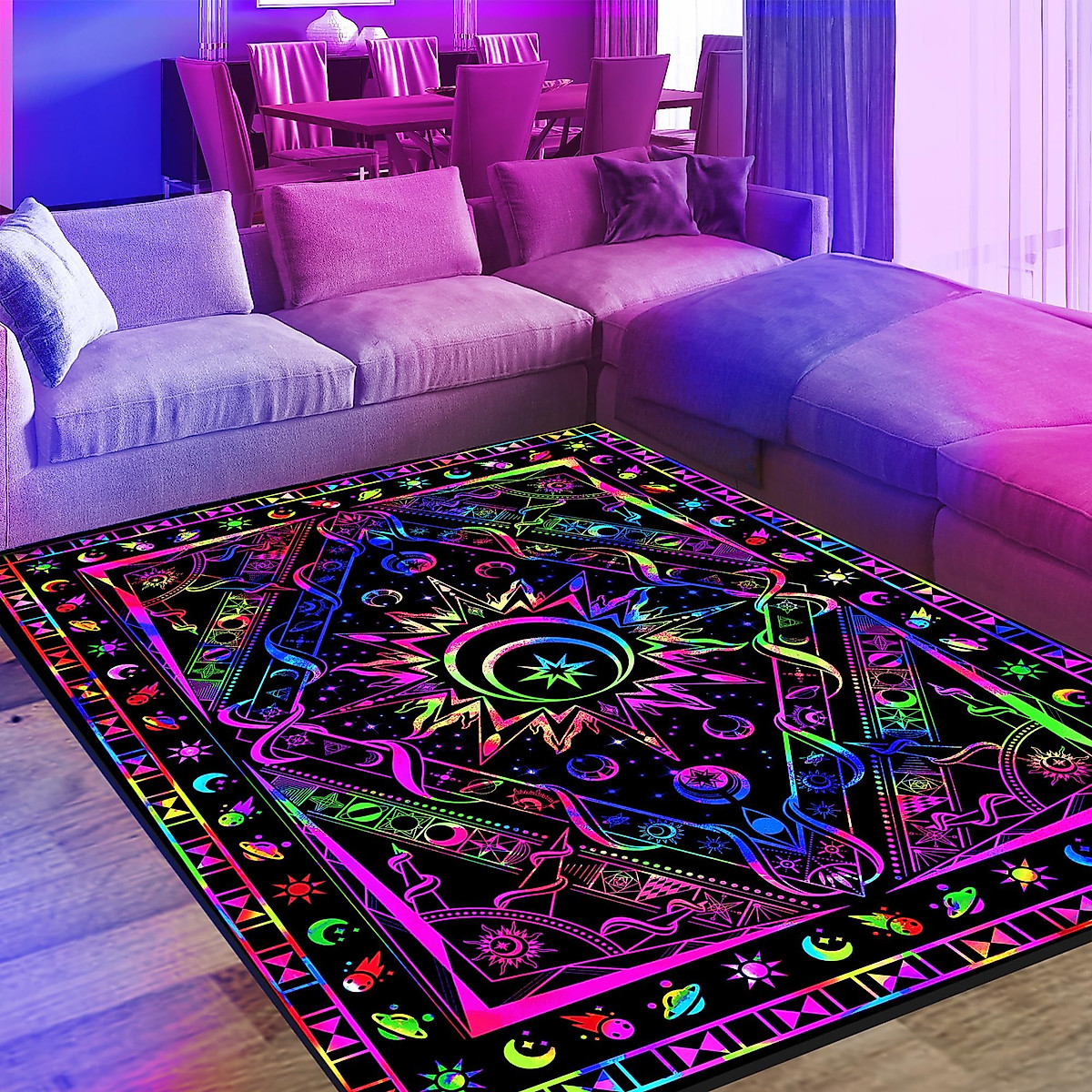 EISKBC Blacklight Burning Sun Area Rug, Neon UV Reactive Celestial Moon Star Planet Throw Rug, Non-Slip Fluorescent Boho Hippie Floor Mat Carpet, Glow in The Dark Bedroom Home Decor 70x47inch