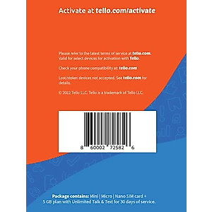 Tello Mobile Phone Plan | $19/Month - Unlimited Talk & Text + 5GB | Bring Your Own Phone Kit | 3 in 1 SIM Card Included | Nation-Wide 4G LTE/5G Coverage