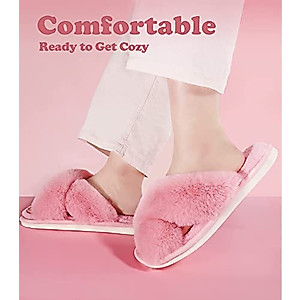 Women Pink Fuzzy Fluffy Slippers-Ankis Soft Cozy Plush Fuzzy Slippers Faux Rabbit Fur Memory Foam Furry Open Toe Breathable Fuzzy Slippers Bedroom Warm Comfy Cross Band Slippers for Women House Indoor