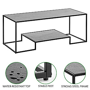 mDesign Living Room Coffee Table with Shelf - Large Rustic Rectangle Coffee Table Metal Furniture Unit with Inlay Water-Resistant Top for Living Room, Basement, Home Office, or Bedroom - Black/Black