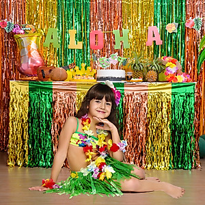 LOLStar Hawaiian Luau Party Decorations 2Pack Green Brown and Yellow Wavy Metallic Tinsel Foil Fringe Table Skirt for Rectangle and Round Table,Perfect Decor for Summer Beach Party Tropical Themed