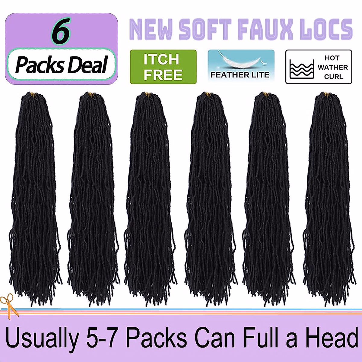 Faux Locs Crochet Hair 24 inch Soft Locs for Butterfly Locs Crochet Hair for Black Women New Faux Locs Pre Looped Curly Wavy Braiding Hair Extension (6 Packs,1B)