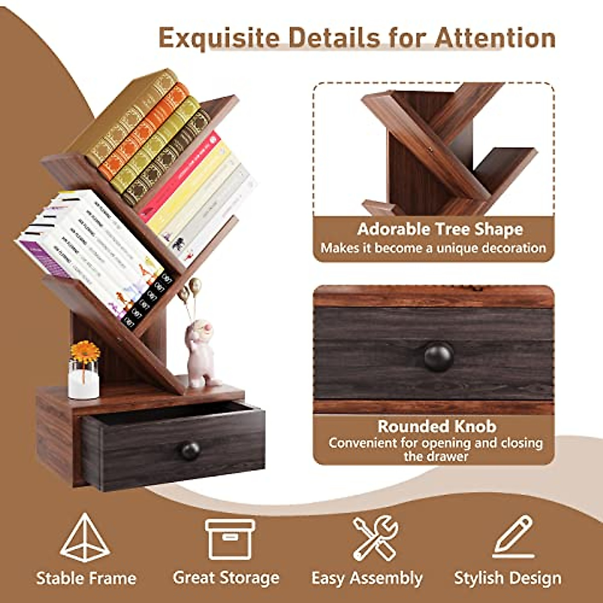 Giantex 5-Tier Tree Bookshelf with Drawer - Freestanding Retro Small Book Storage Rack for Small Place, Kids Room Wooden Decorative Bookcase with Storage for CDs, Magazines, Books, Brown