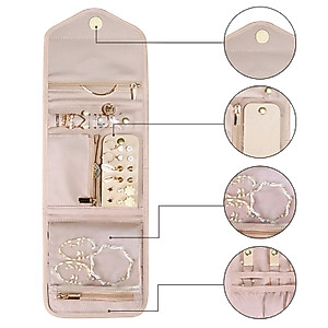 BAGSMART Travel Jewelry Organizer Case Foldable Jewelry Roll for Journey-Rings, Necklaces, Earrings, Bracelets,Mini,Soft Pink