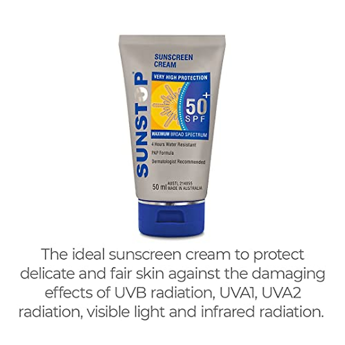 Sunstop Sunscreen Cream - Water and Sweat Resistant | Fast-Absorbing, Non-Greasy with Maximum Broad Spectrum SPF50+, 50ml