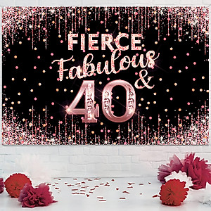 Happy 40th Birthday Backdrop Banner Fierce Fabulous and 40 Decorations for Women 40 Years Old Bday Background Rose Gold Pink Photography Party Decor Sign Supplies