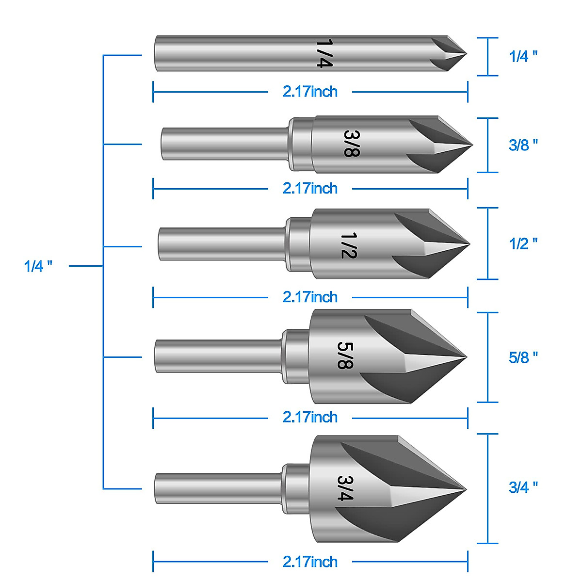 Countersink Drill Bit Set, 5 Pieces 1/4” 3/8” 1/2” 5/8” 3/4” High Speed Steel 1/4” (6mm) Round Shank, 82 Degrees Counter Angle, 5 Flute Mill Cutter Bit Countersink Set, Silver