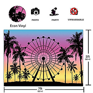 Funnytree 7x5FT Summer Seaside Ferris Wheel Photography Backdrop Palm Tree Sunset Background Baby Shower Tropical Wedding Party Decoration Banner Supplies Photobooth Prop