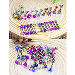 Leiainely Tongue Rings Piercing Jewelry for Women Men Work 14g 14 Gauge Cute Green Rainbow Surgical Stainless Steel Metal Clear Plastic Acrylic Rubber para La Lengua Aretes Tounge Barbell Balls Set