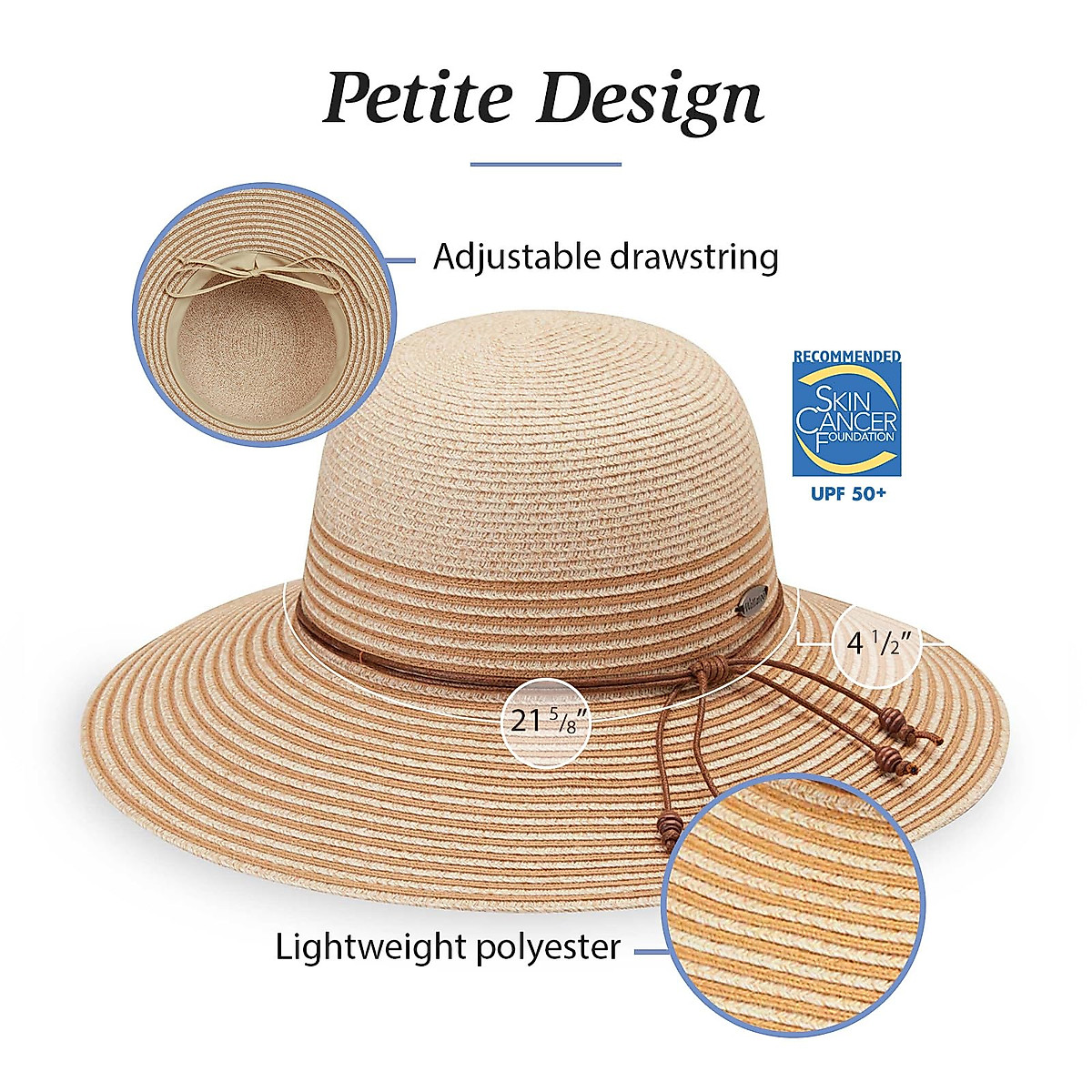 Wallaroo Hat Company Women’s Petite Marseille Sun Hat – UPF 50+ Sun Protection, Packable Design and Adjustable Sizing for Smaller Crown Sizes – Sun Hat for Elegant Outdoor Events (White/Beige/Camel)