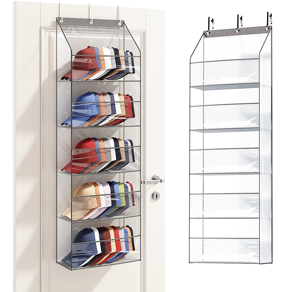 Fixwal Clear Over The Door Hat Racks Hanging Storage with 5 Large Pockets Holds up to 50 Caps Hat Storage Organizer for Closet Wall, Deep Pockets Hanging Hat Holder with 3 Hooks, Grey