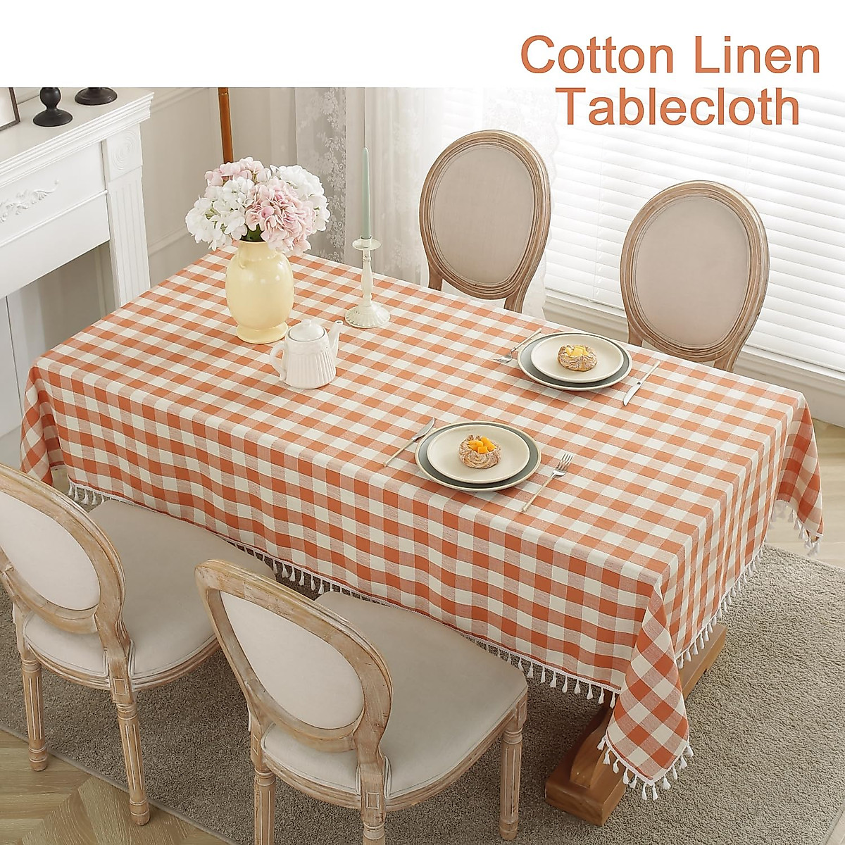 Laolitou Checkered Thanksgiving Tablecloth Rectangle Washable Buffalo Plaid Fall Table Cloth with Tassel Cotton Linen Gingham Table Cover for Dining Room, Orange, Rectangle, 55''x70'', 4-6 Seats