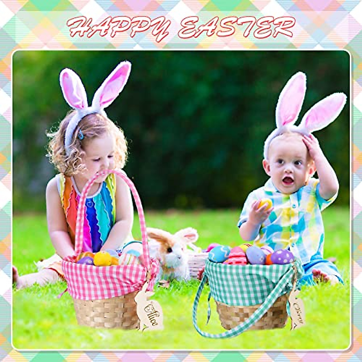 4 Pcs Easter Basket Picnic Basket Woven Basket with Handle Wooden Cute Baskets for Wood Basket Picnic Hamper Easter Eggs and Candy Basket with 4 Bags Lafite Grass 4 Pcs Rabbit Wood Chips (Plaid)