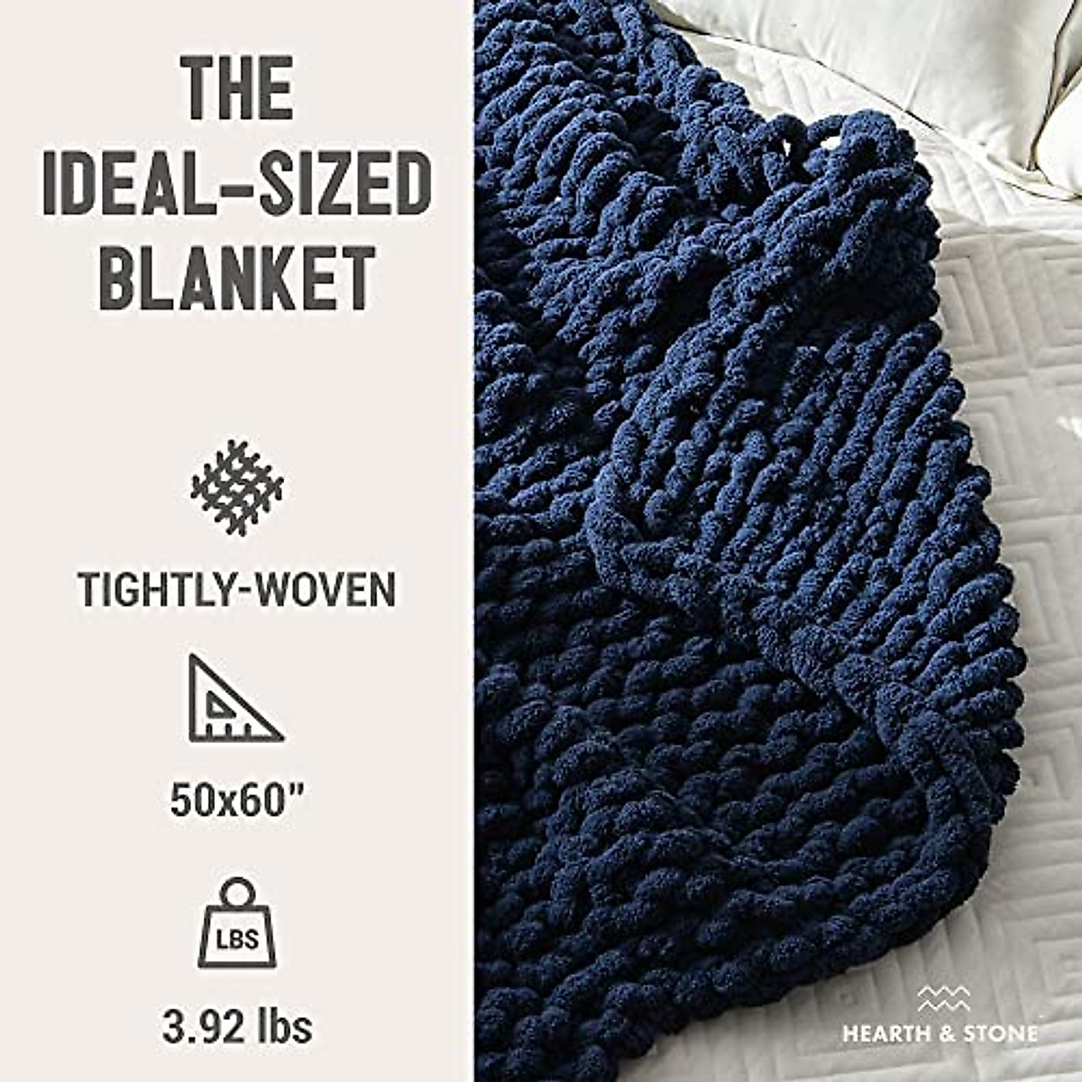 Chunky Knit Blanket Throw - 50"x60" 3.7 lbs. - Soft Chenille Yarn Knitted Blanket - Machine Washable Crochet Blanket - Handmade Cable Knit Throw Blanket for Couch, Bed (Navy Blue)