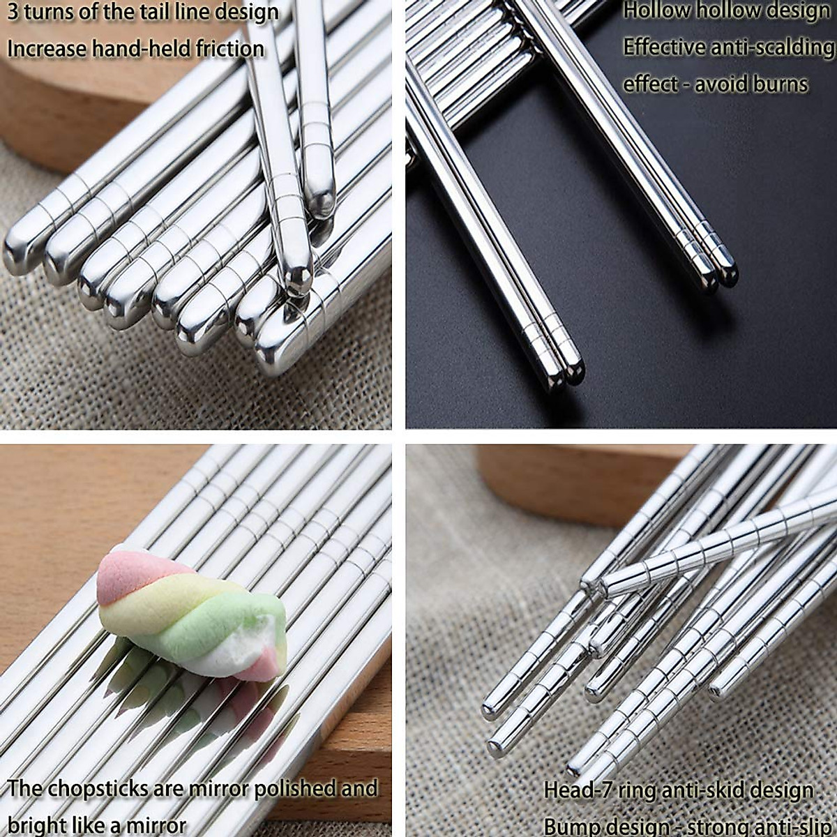 5 Pairs Metal Chopsticks Reusable, Stainless Steel Chopsticks Set, Lightweight 304 Non-Slip Metal Chop Sticks Dishwasher Safe, Japanese Korean for Cooking Chopsticks 8.9 Inch (Silver)