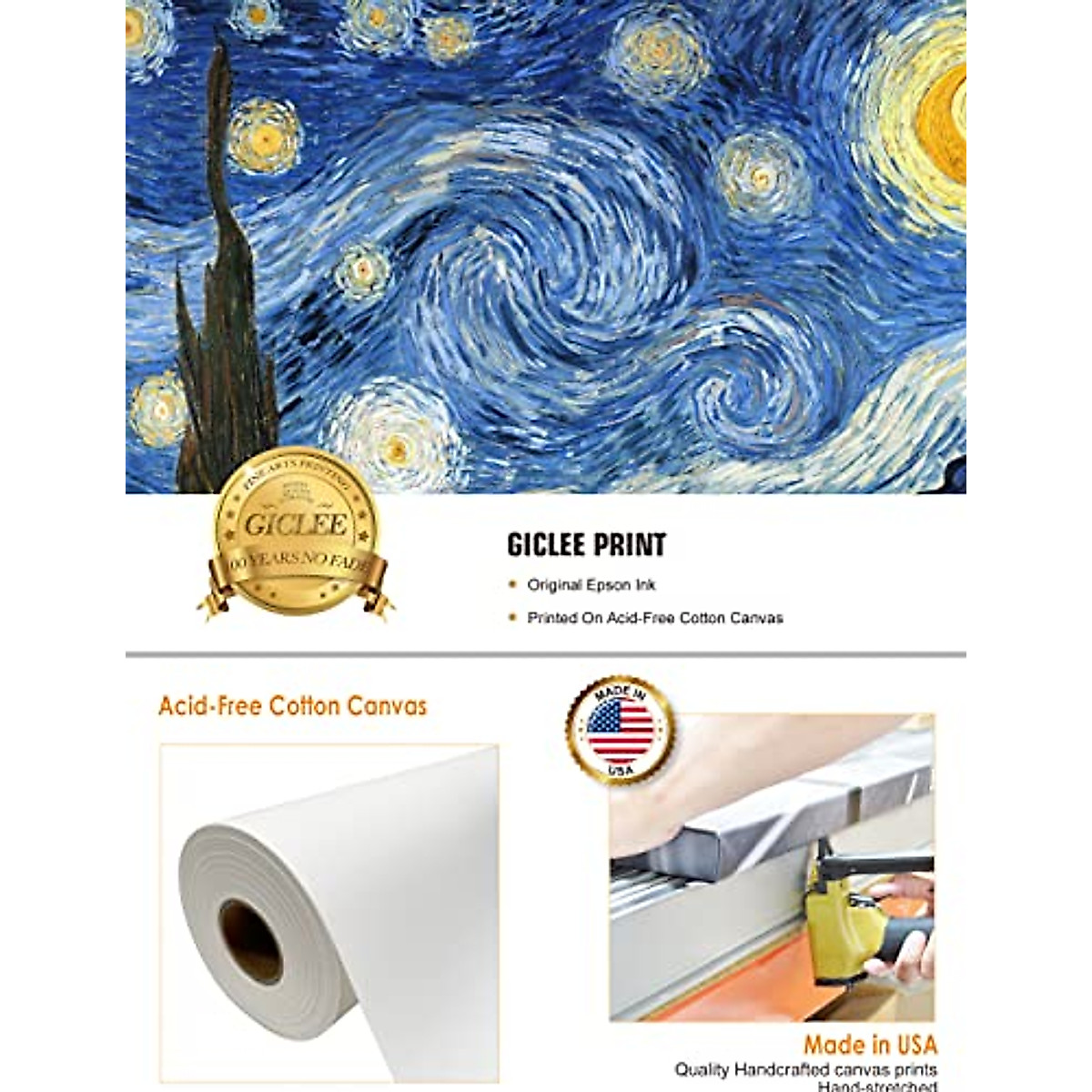 DECORARTS - Starry Night - Vincent Van Gogh Reproductions. Giclee Canvas Print Wall Art for Home Wall Decor. 30x24x1.5 in